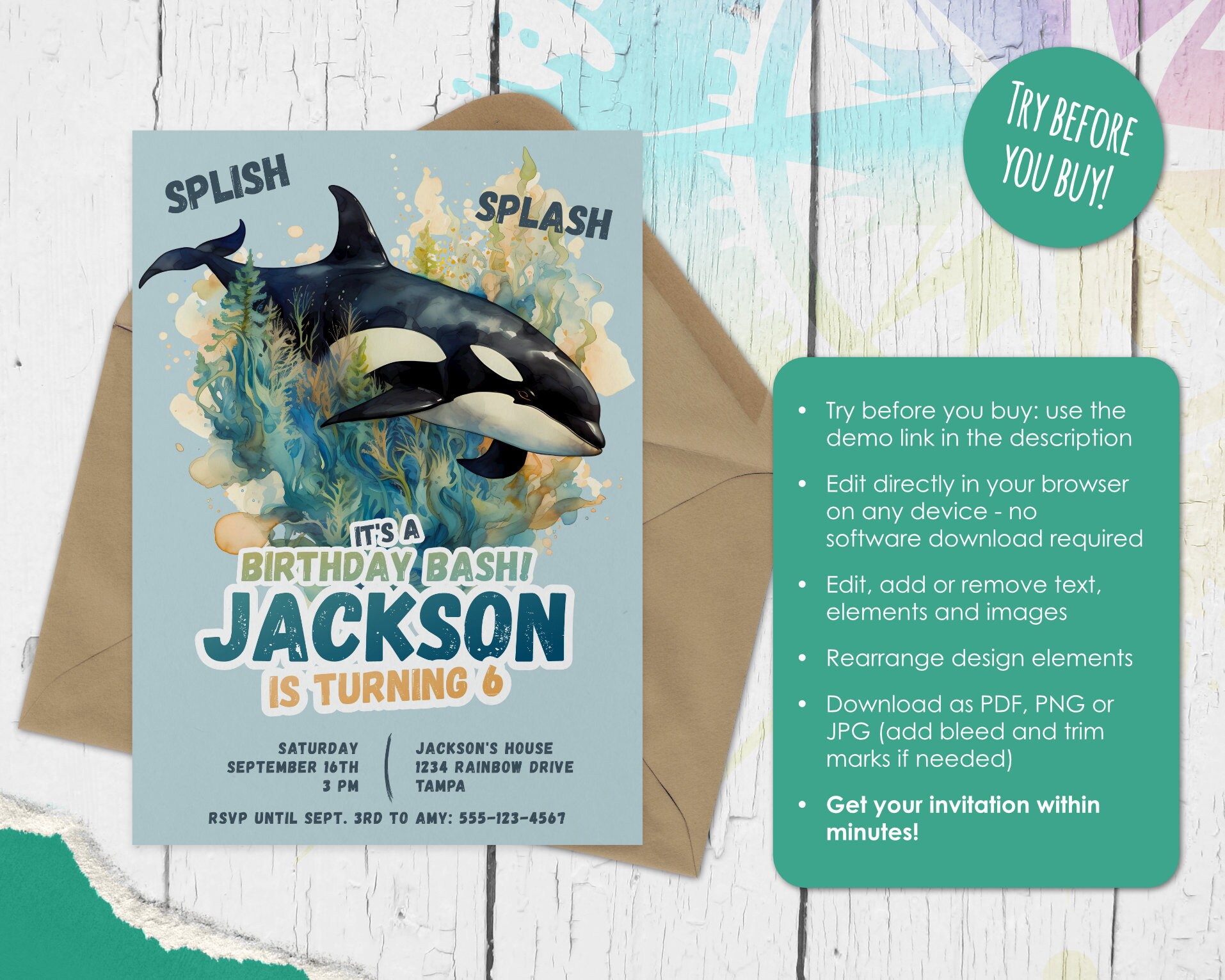 Editable Orca Birthday Invitation, Birthday Party Invite, Watercolor ...