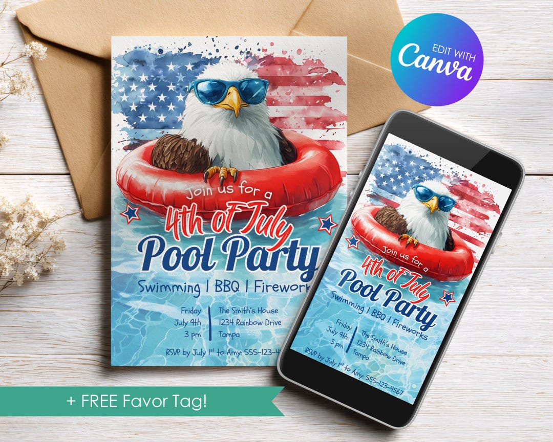 4th of July Pool Party Invitation, Editable Independence Day Swimming ...