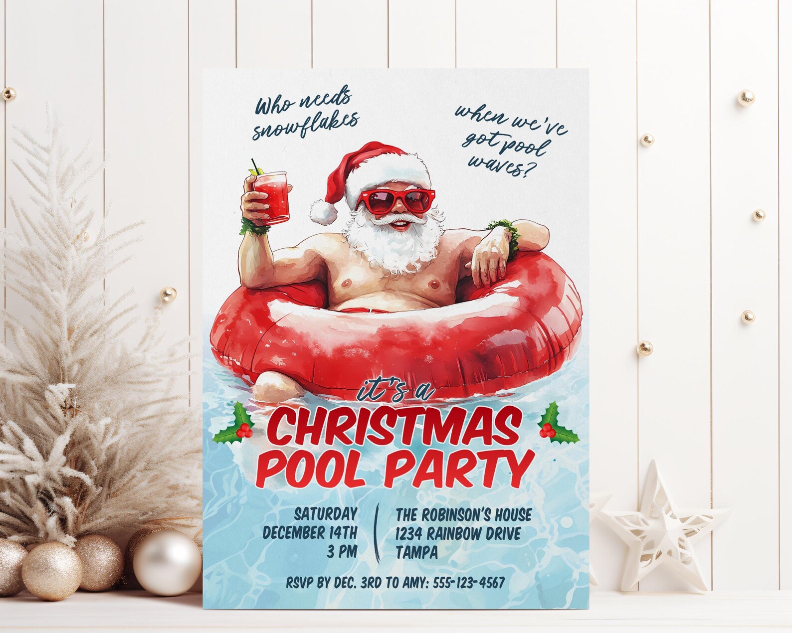 Christmas Pool Party Invitation, Editable XMAS Invite, Santa Pool Party ...