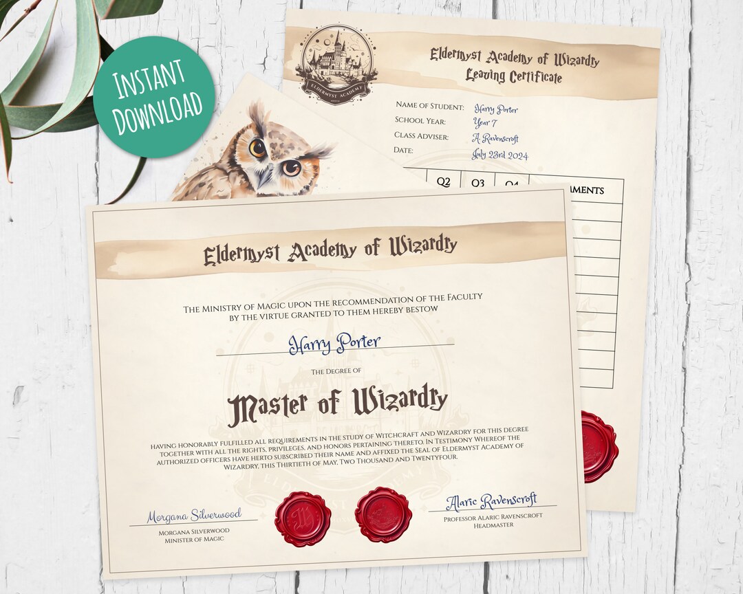 Editable Wizard School Diploma Set, Gift Bundle for Wizard Fans ...