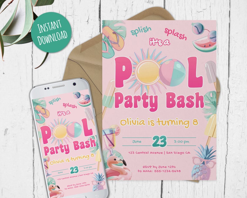 Editable Pool Party Birthday Invitation, Pastel Pink, Swimming Party ...