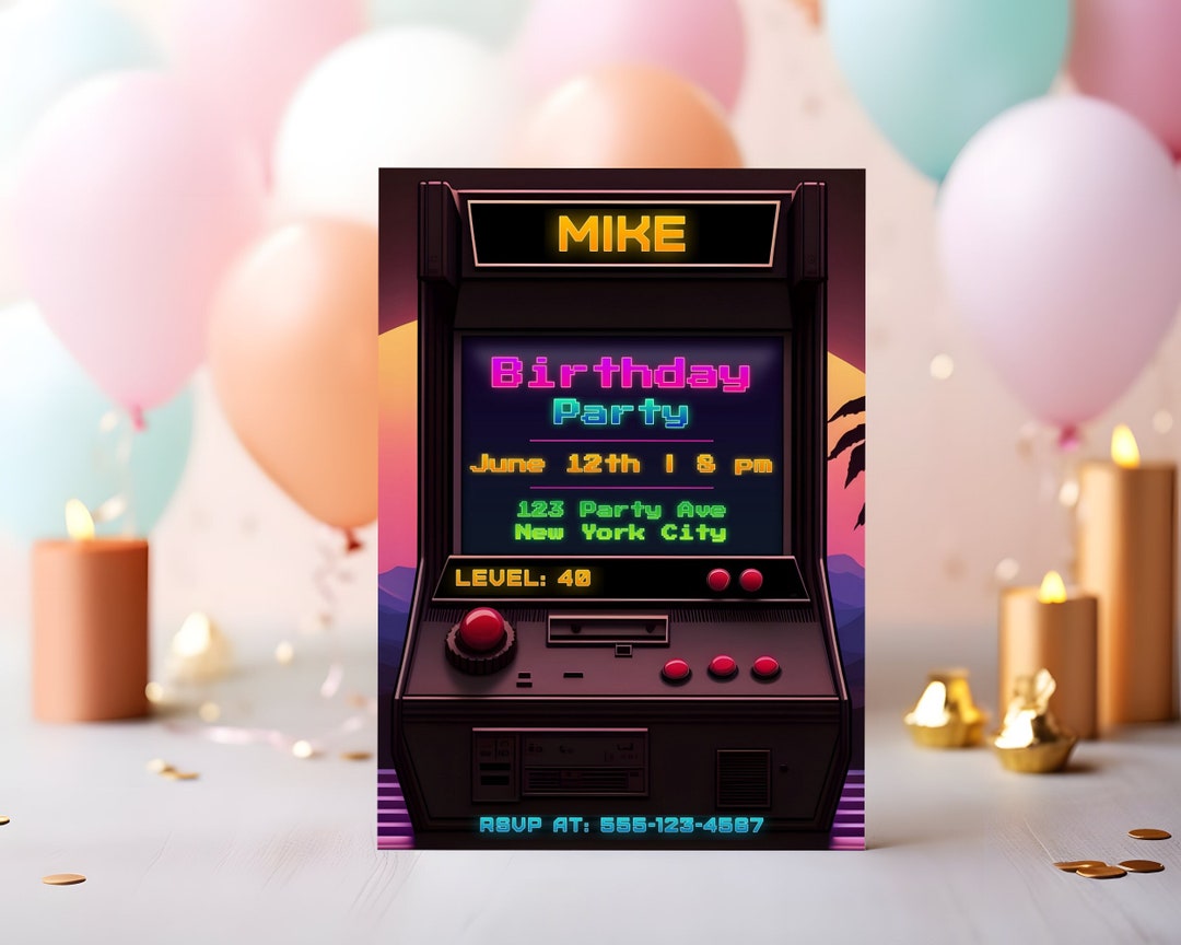 Editable Gamer Retro Arcade Birthday Invitation Party Invite Editable ...