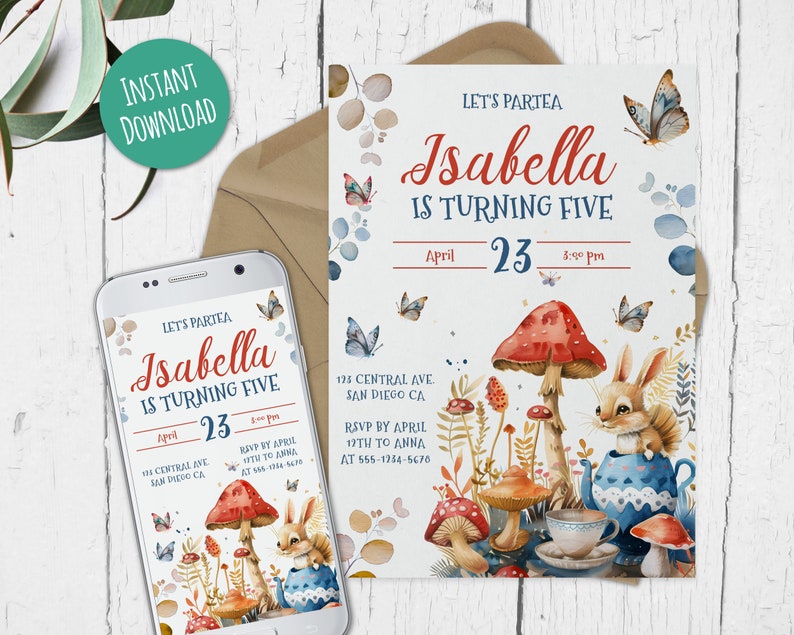 Editable Tea Party Birthday Invitation, Whimsical Partea Invite ...