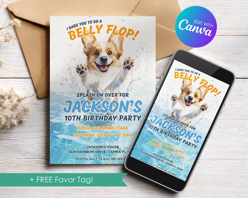 Editable Corgi Birthday Invitation, Corgi Pool Party, Dog Swimming ...