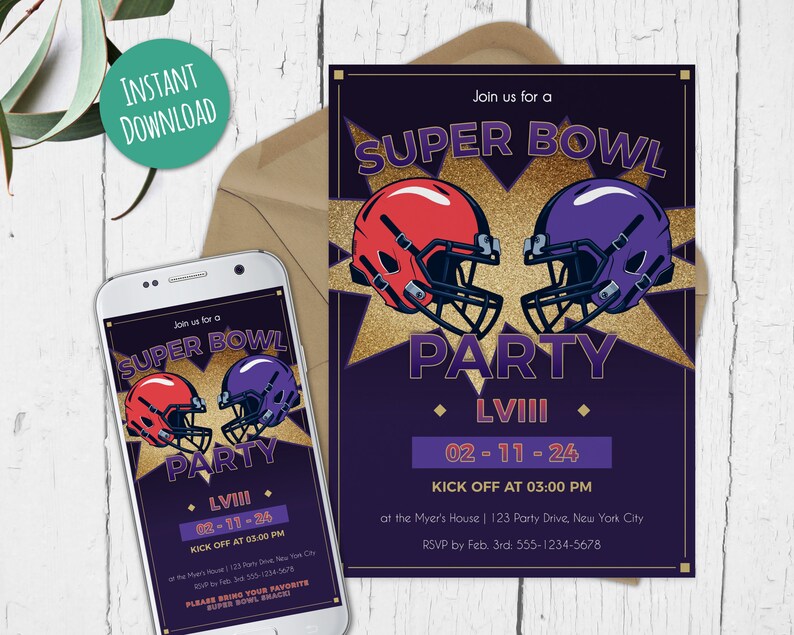 Editable Super Bowl Invitation, Superbowl Invite, Football Watch Party ...
