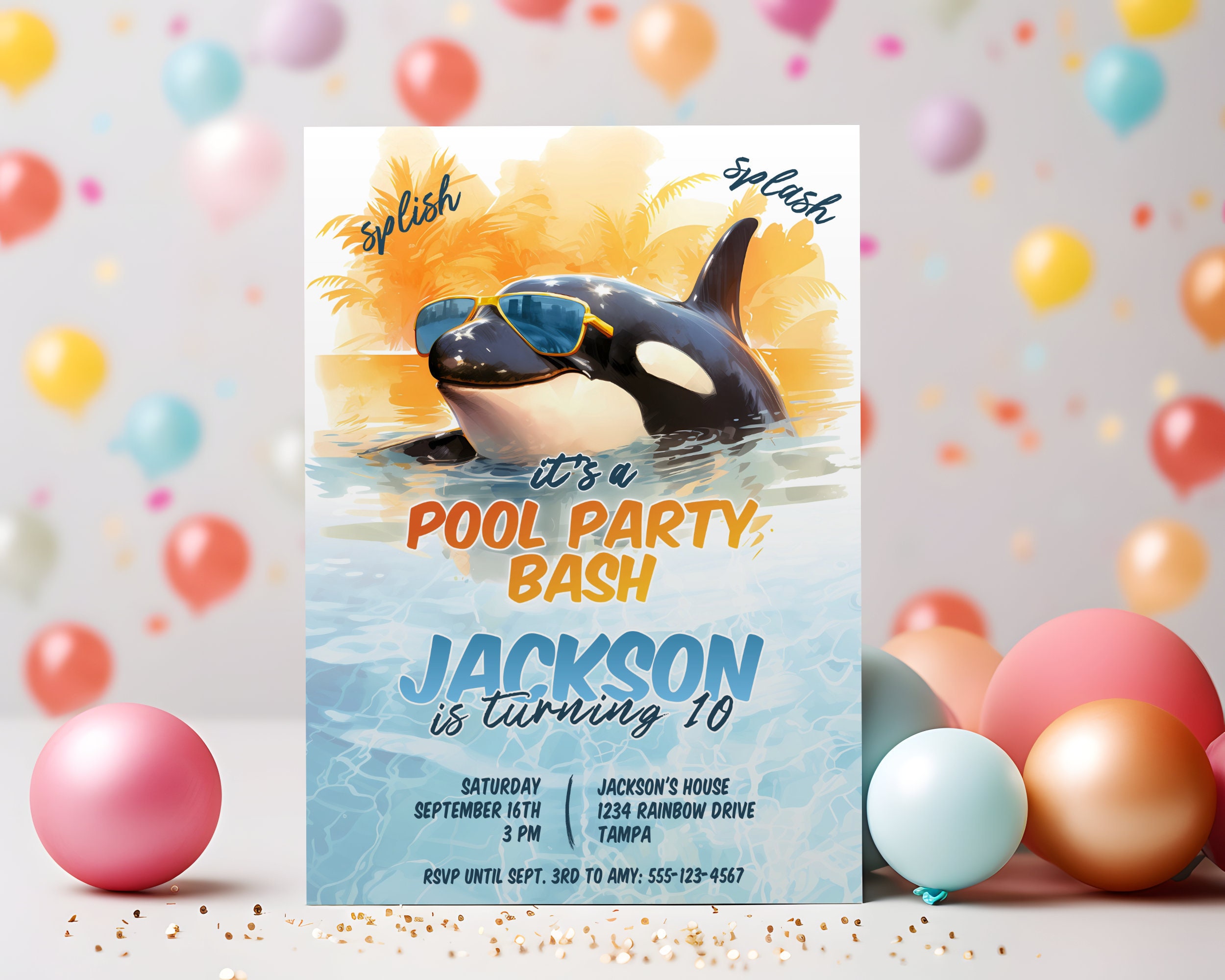 Editable Pool Party Birthday Invitation, Orca, Killer Whale, Swimming ...