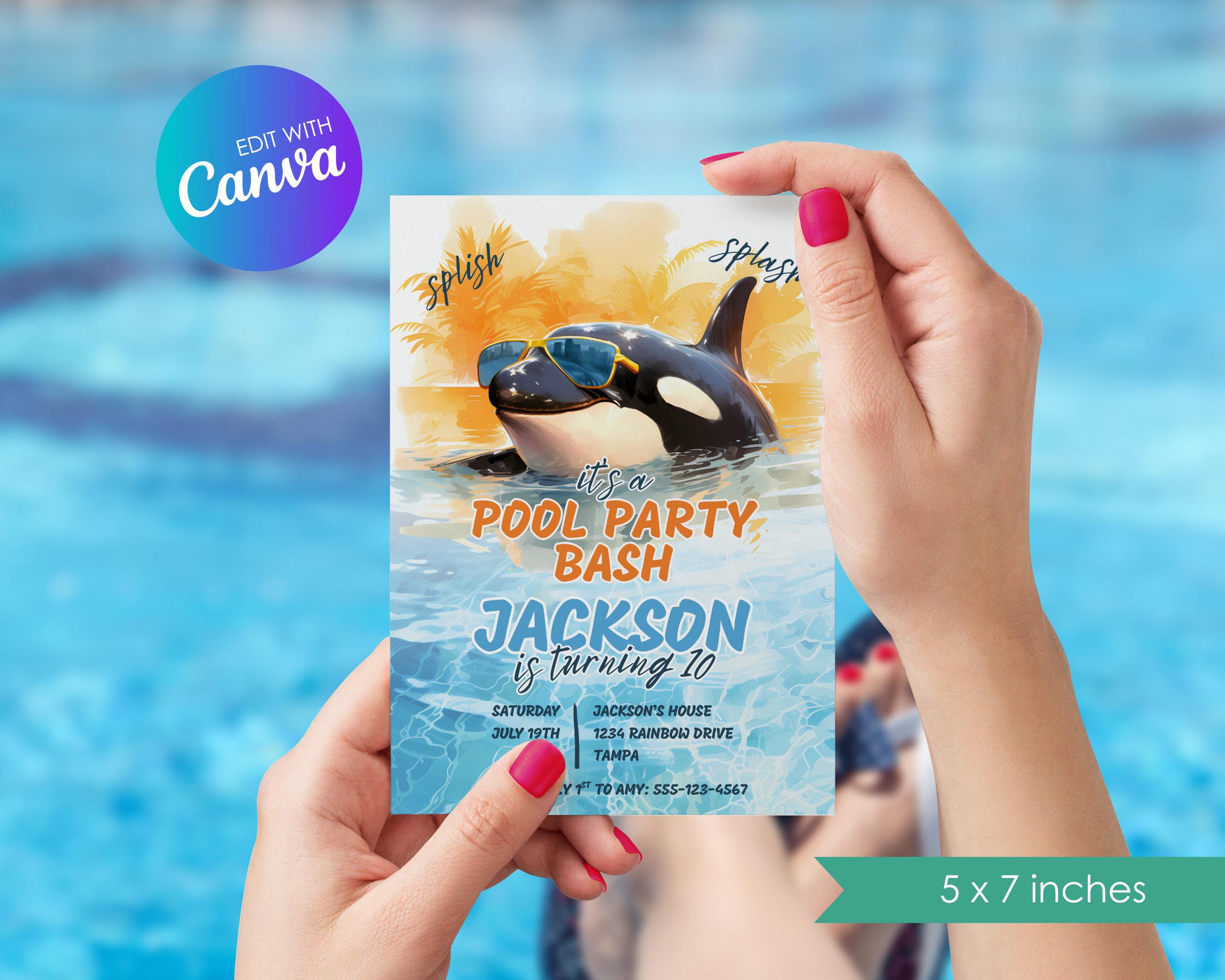Editable Orca Pool Party Birthday Bash Invitation, Killer Whale ...