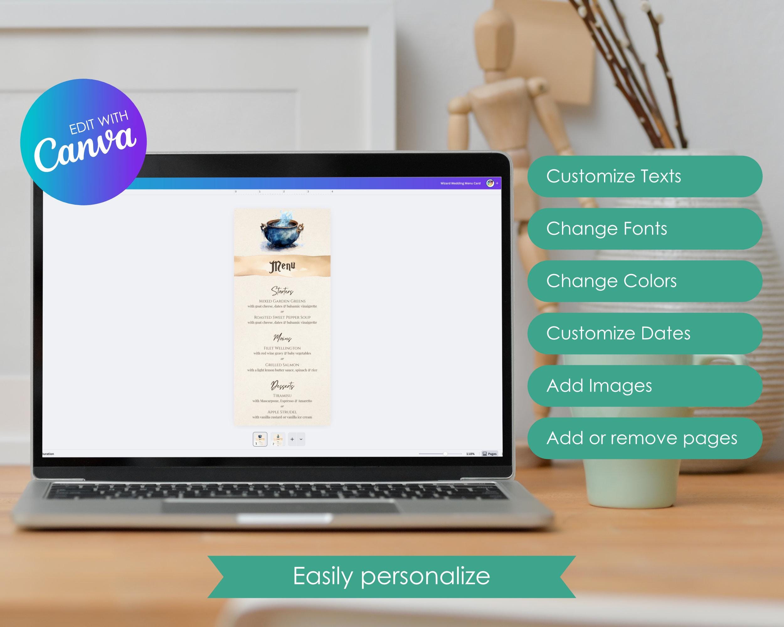 Editable Wizard Wedding Menu Card, Wedding Menu and Drinks Wizard ...