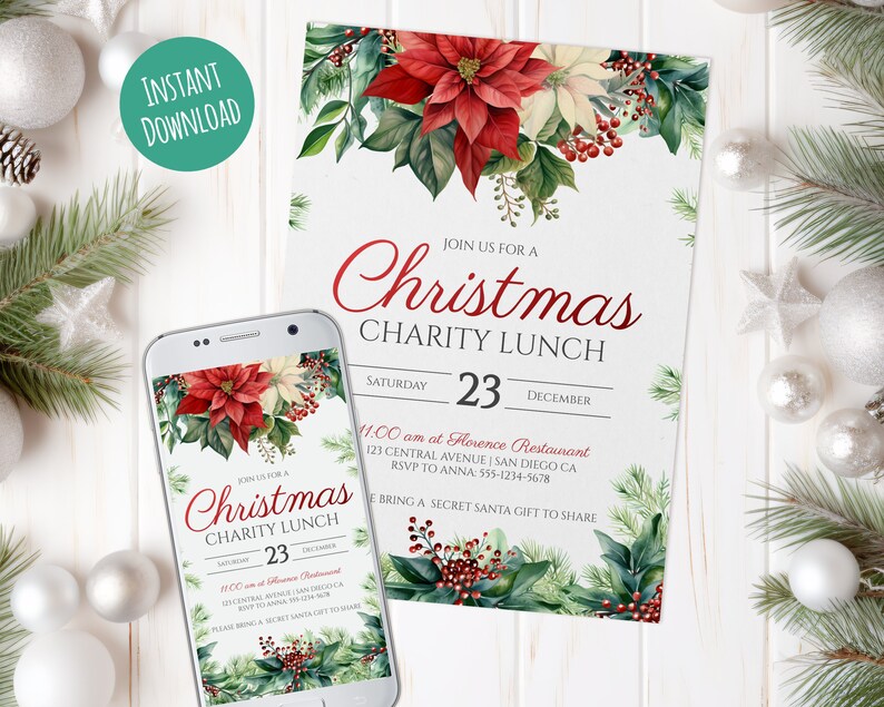 Editable Christmas Party Invitation, Charity Luncheon Invite, XMAS ...