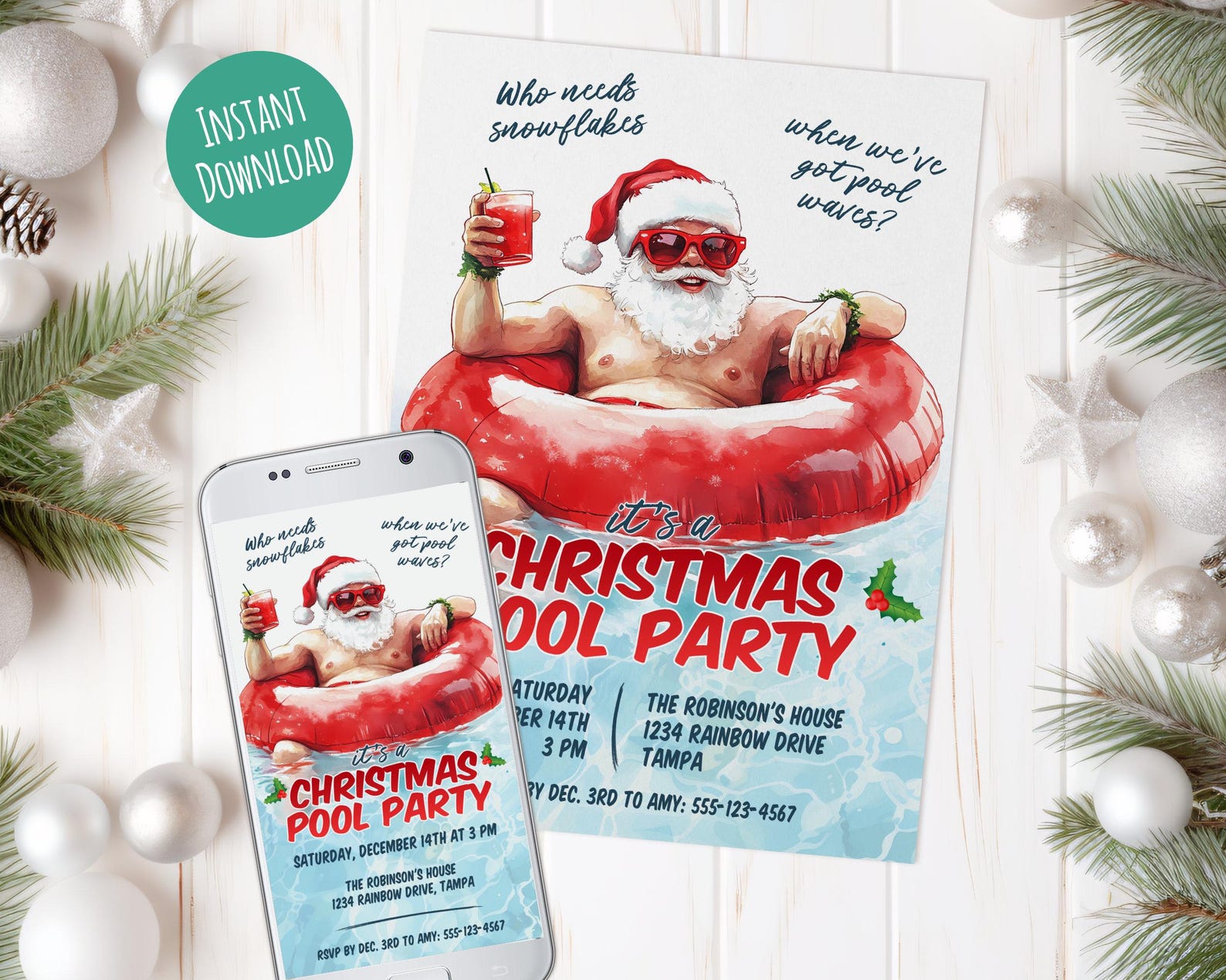 Christmas Pool Party Invitation, Editable XMAS Invite, Santa Pool Party ...