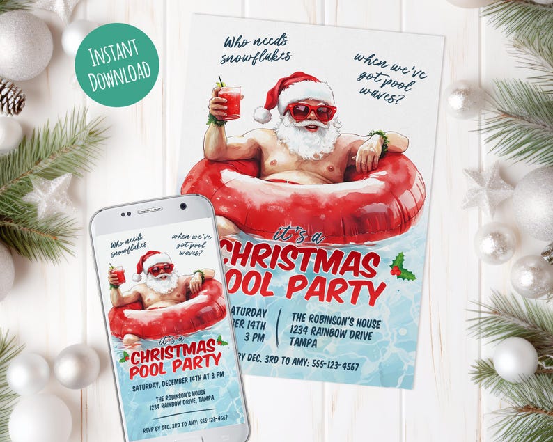 Christmas Pool Party Invitation, Editable XMAS Invite, Santa Pool Party ...