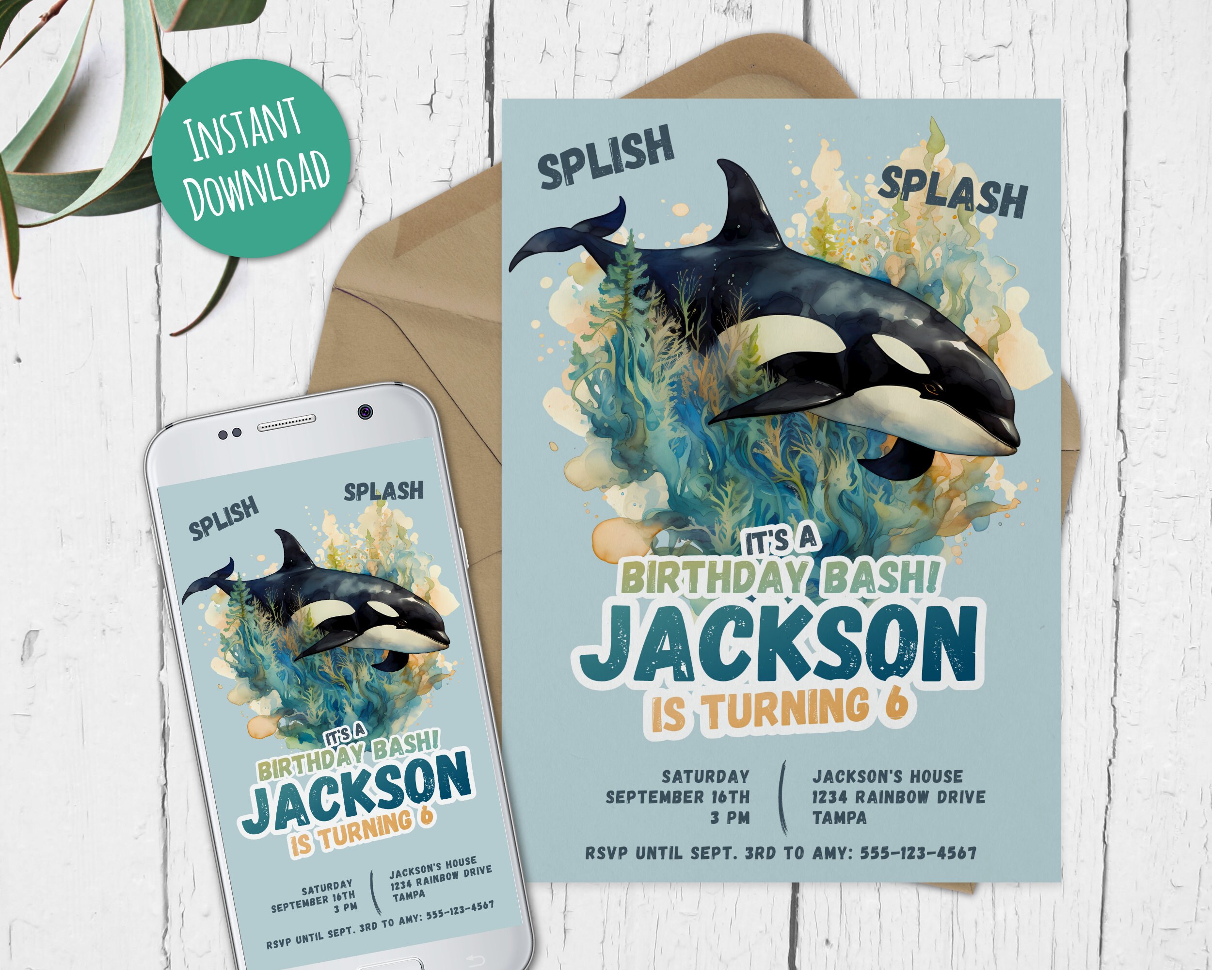 Editable Orca Birthday Invitation, Birthday Party Invite, Watercolor ...