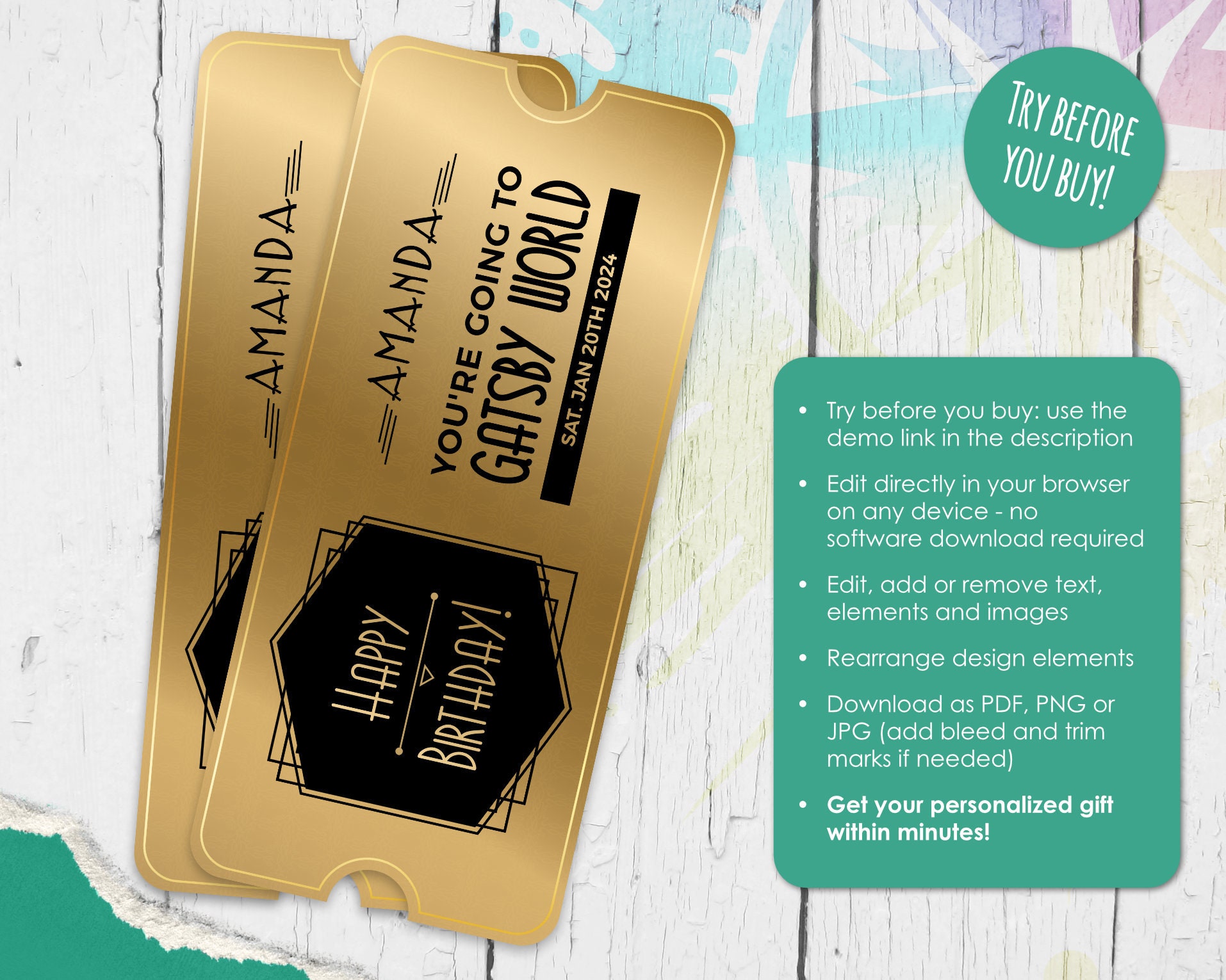 Editable Golden Ticket Gift, Surprise Gift Voucher, Personalized Event ...
