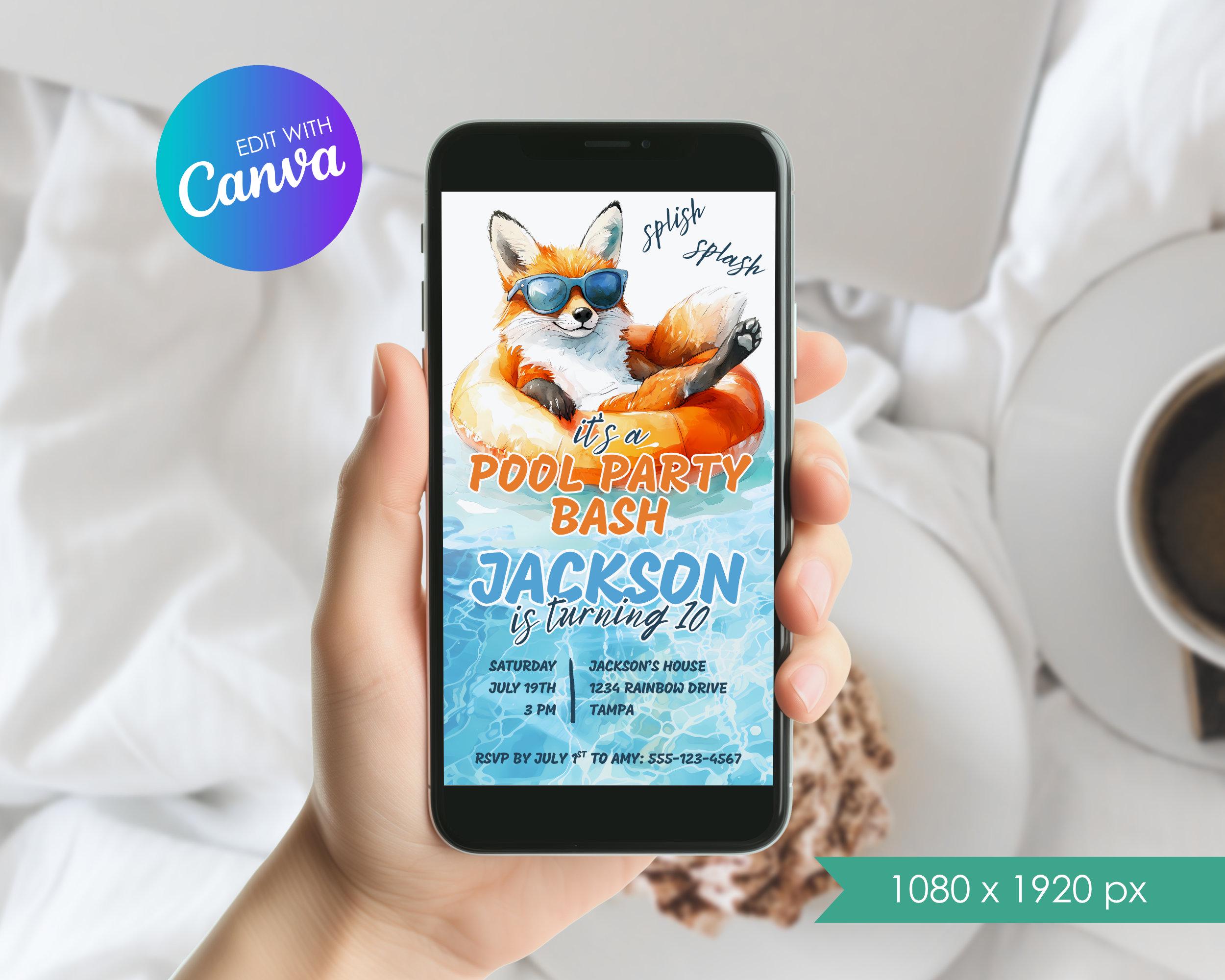 Fox Pool Party Birthday Invitation Orange, Editable Swimming Party ...