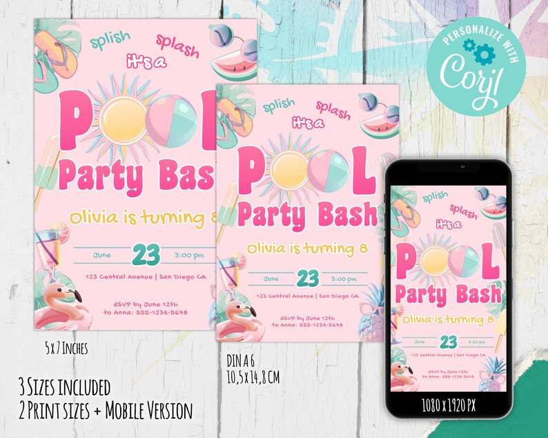 Editable Pool Party Birthday Invitation, Pastel Pink, Swimming Party ...