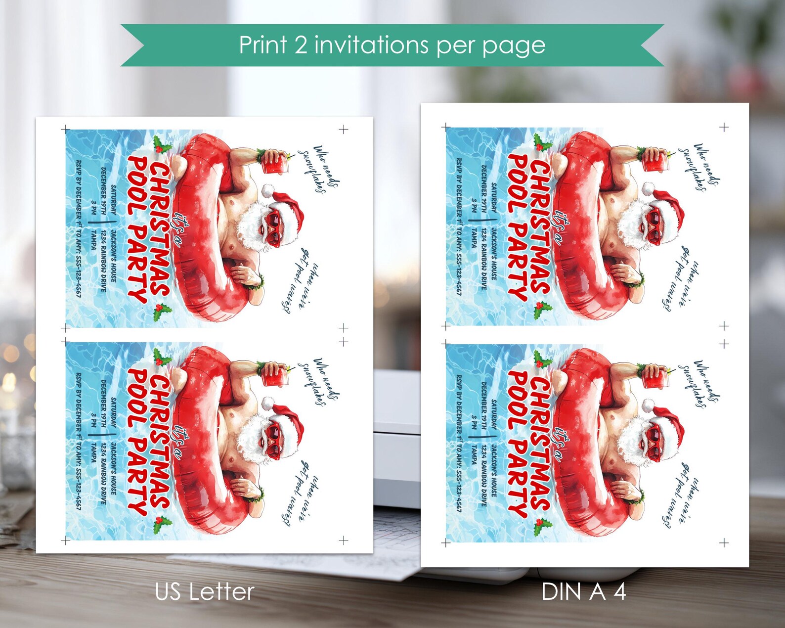 Christmas Pool Party Invitation, Editable XMAS Invite, Santa Pool Party ...