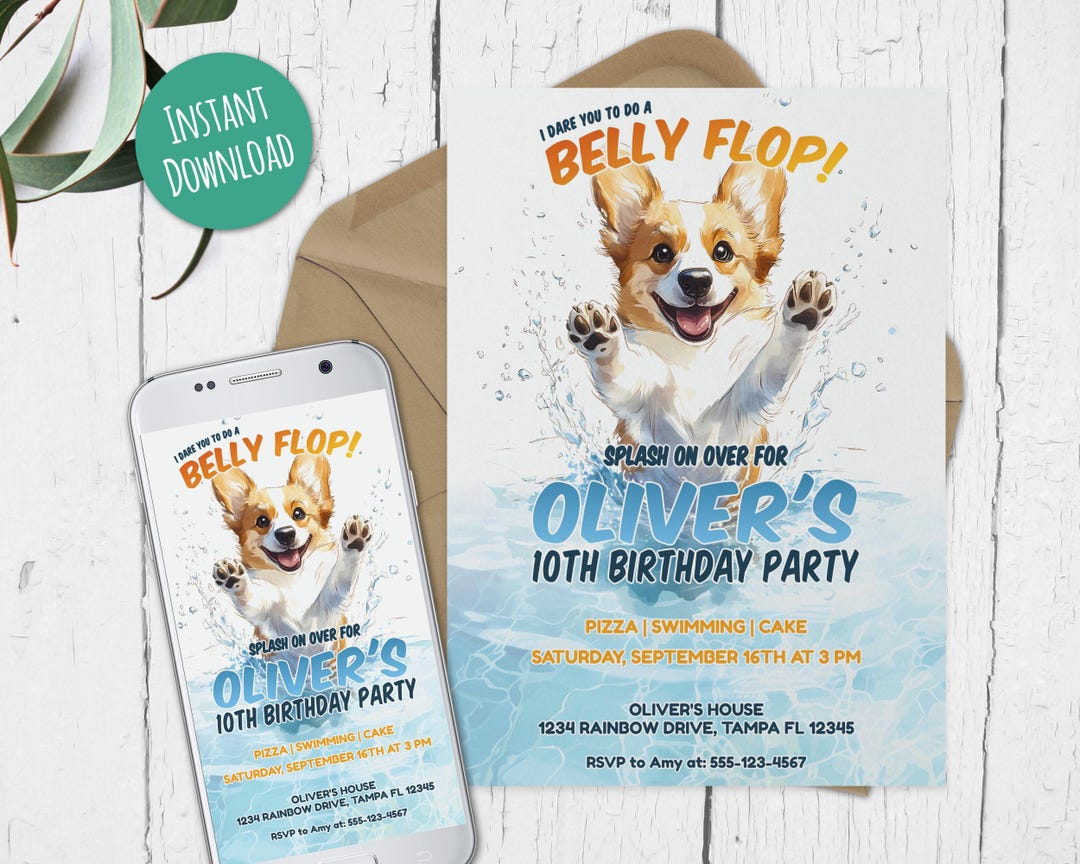 Editable Corgi Birthday Invitation, Corgi Pool Party, Dog Swimming ...