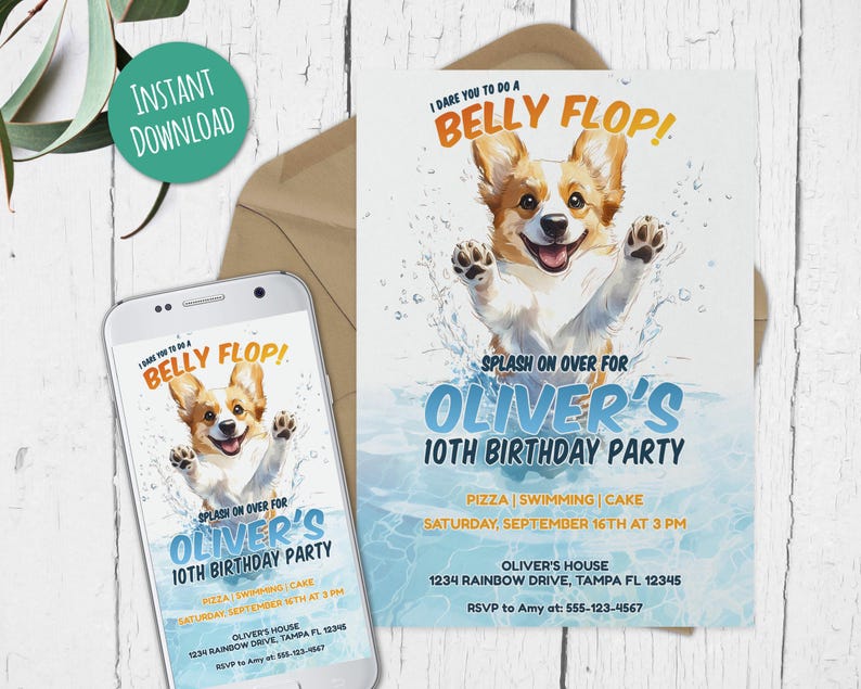 Editable Corgi Birthday Invitation, Corgi Pool Party, Dog Swimming ...
