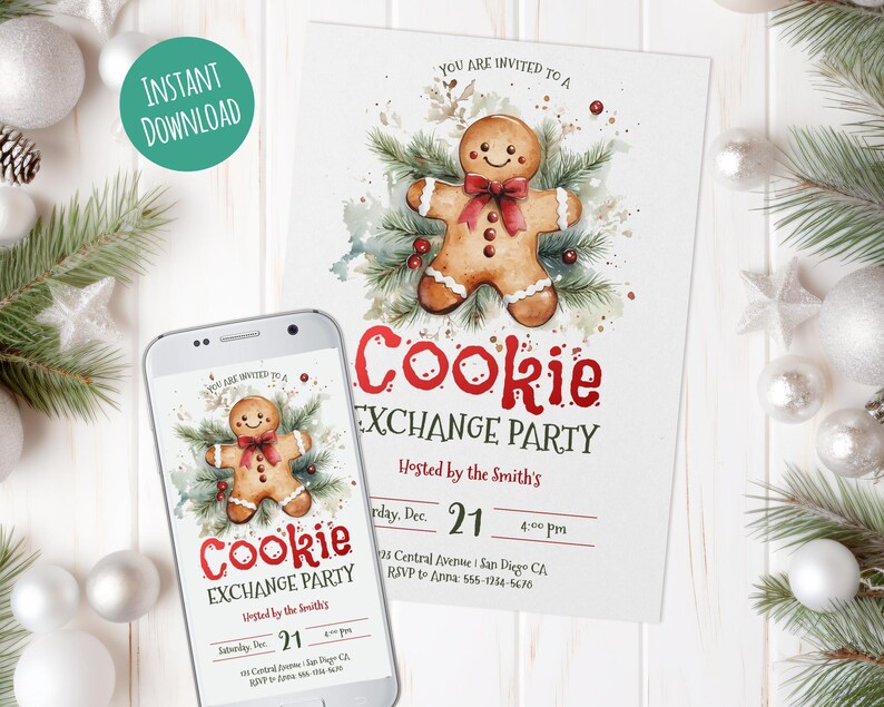 Christmas Cookie Exchange Invitation, Editable XMAS Invite, Gingerbread ...