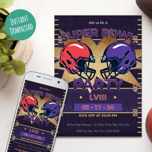 Editable Super Bowl Invitation, Superbowl Invite, Football Watch Party ...