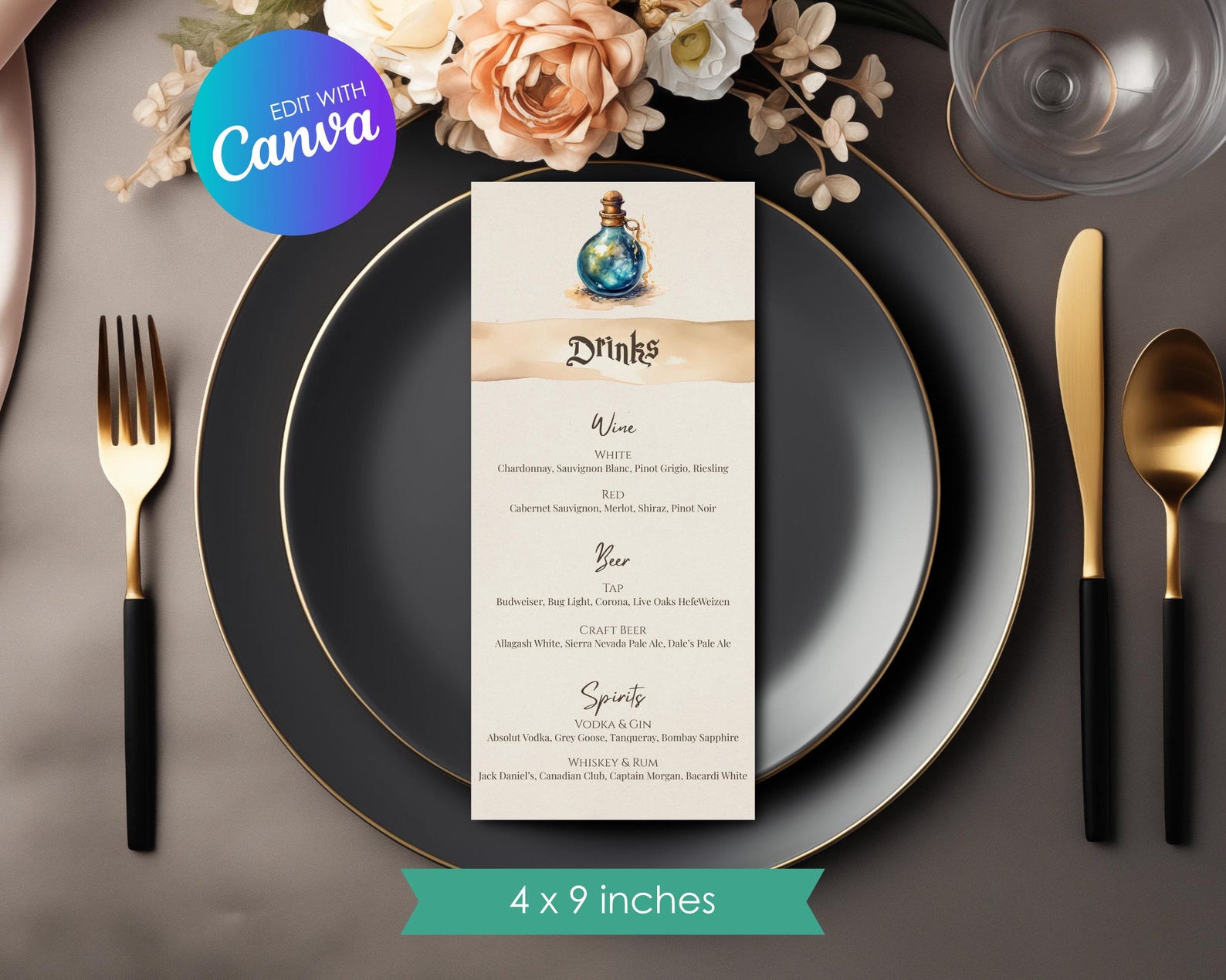 Editable Wizard Wedding Menu Card, Wedding Menu and Drinks Wizard ...