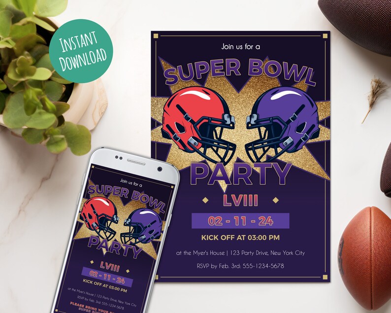 Editable Super Bowl Invitation, Superbowl Invite, Football Watch Party ...