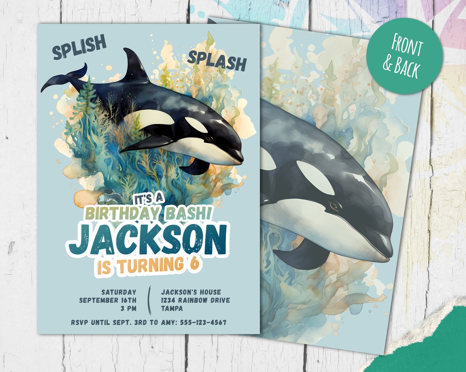 Editable Orca Birthday Invitation, Birthday Party Invite, Watercolor ...
