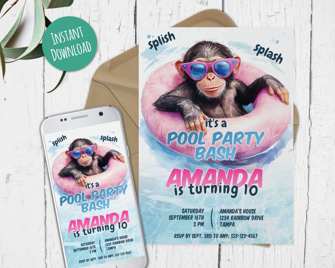 Editable Monkey Pool Party Invitation, Pink Chimp Pool Invite, Girl ...