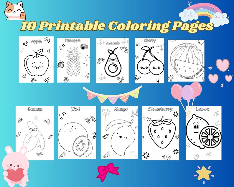 Printable Coloring Pages | Fruits Theme | PDF A4 Size - Etsy
