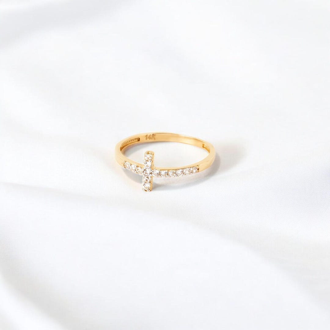 14k Solid Gold Sideways Cross Ring for Women Minimalist Gold Jewelry ...