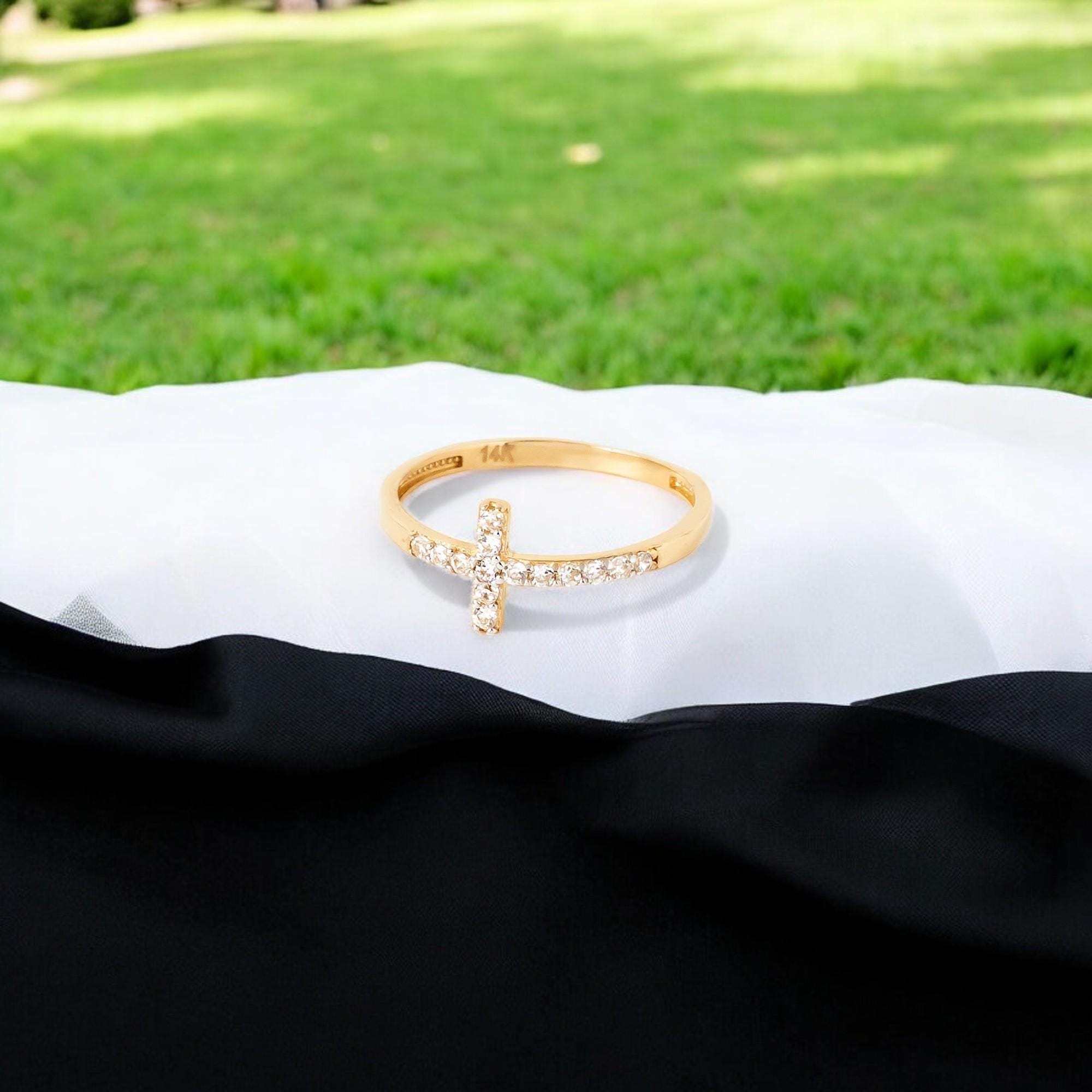 14k Solid Gold Sideways Cross Ring for Women Minimalist Gold Jewelry ...