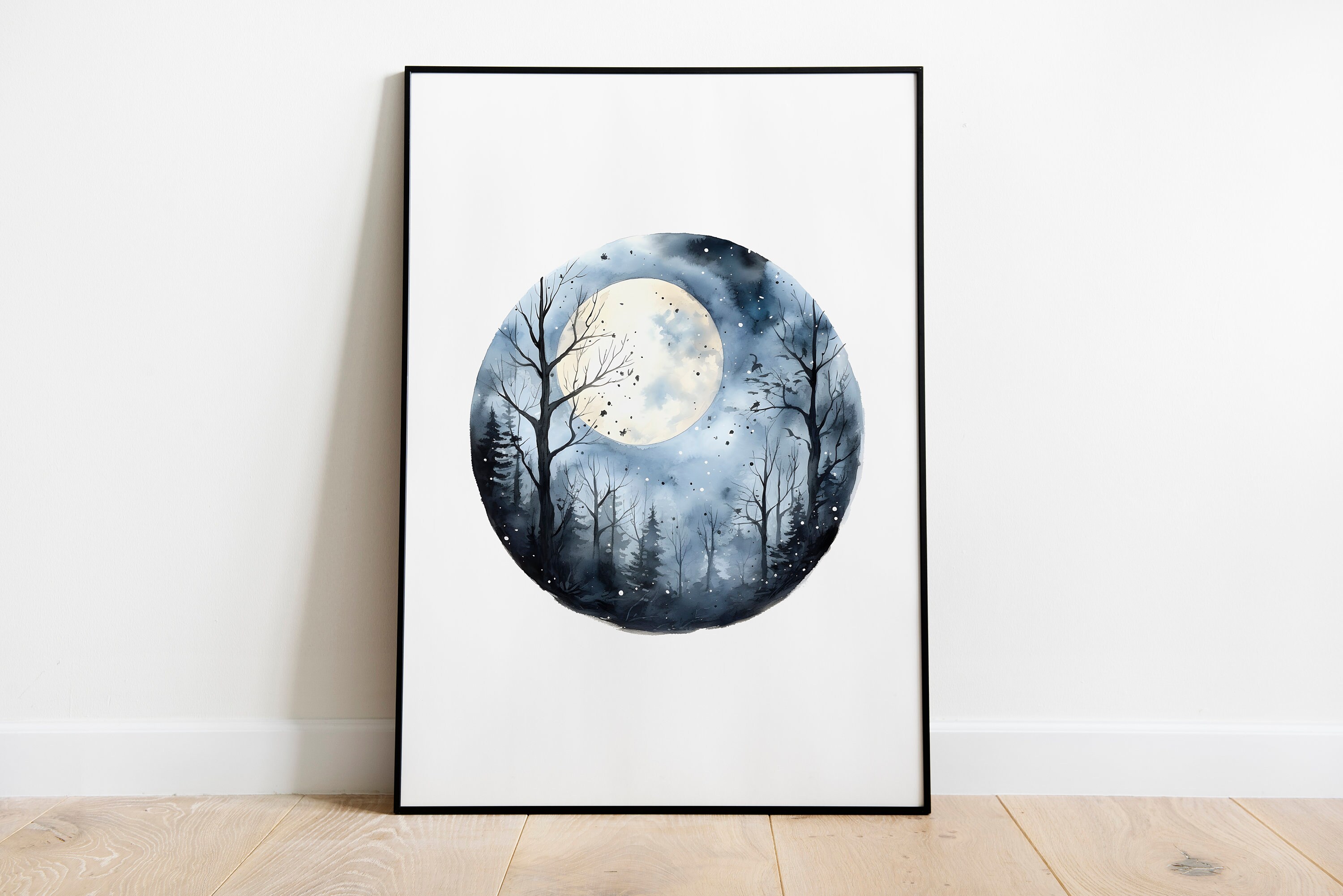 Full Moon Wall Art, Zen Wall Art, Forest Wall Art, Watercolor, Nature ...