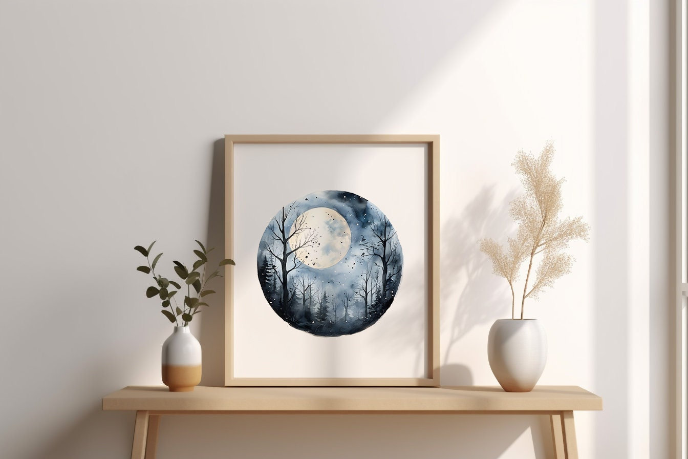 Full Moon Wall Art, Zen Wall Art, Forest Wall Art, Watercolor, Nature ...