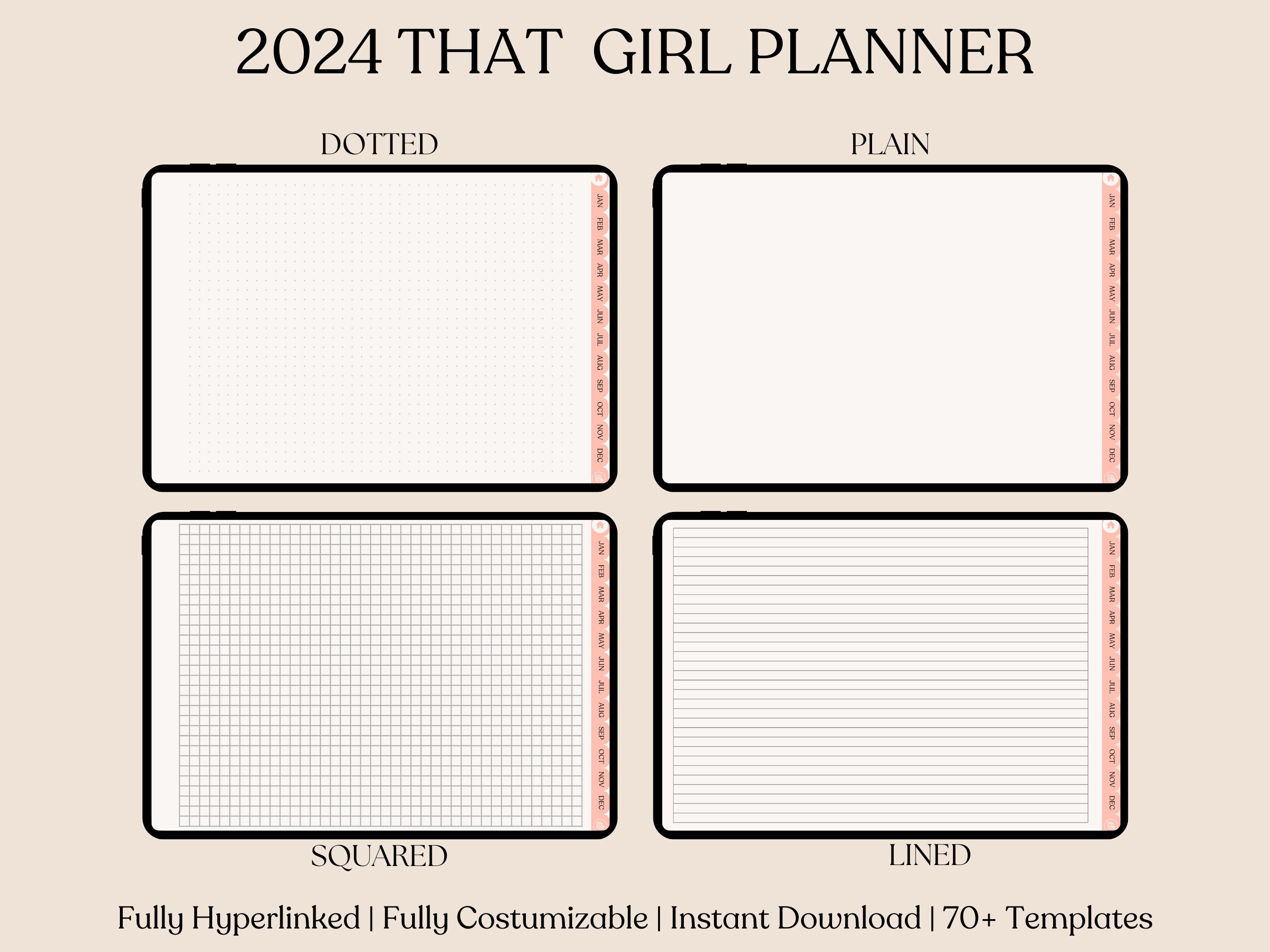 PLR Beige That Girl 2024 Planner, Fully Hyperlinked Digital Planner ...