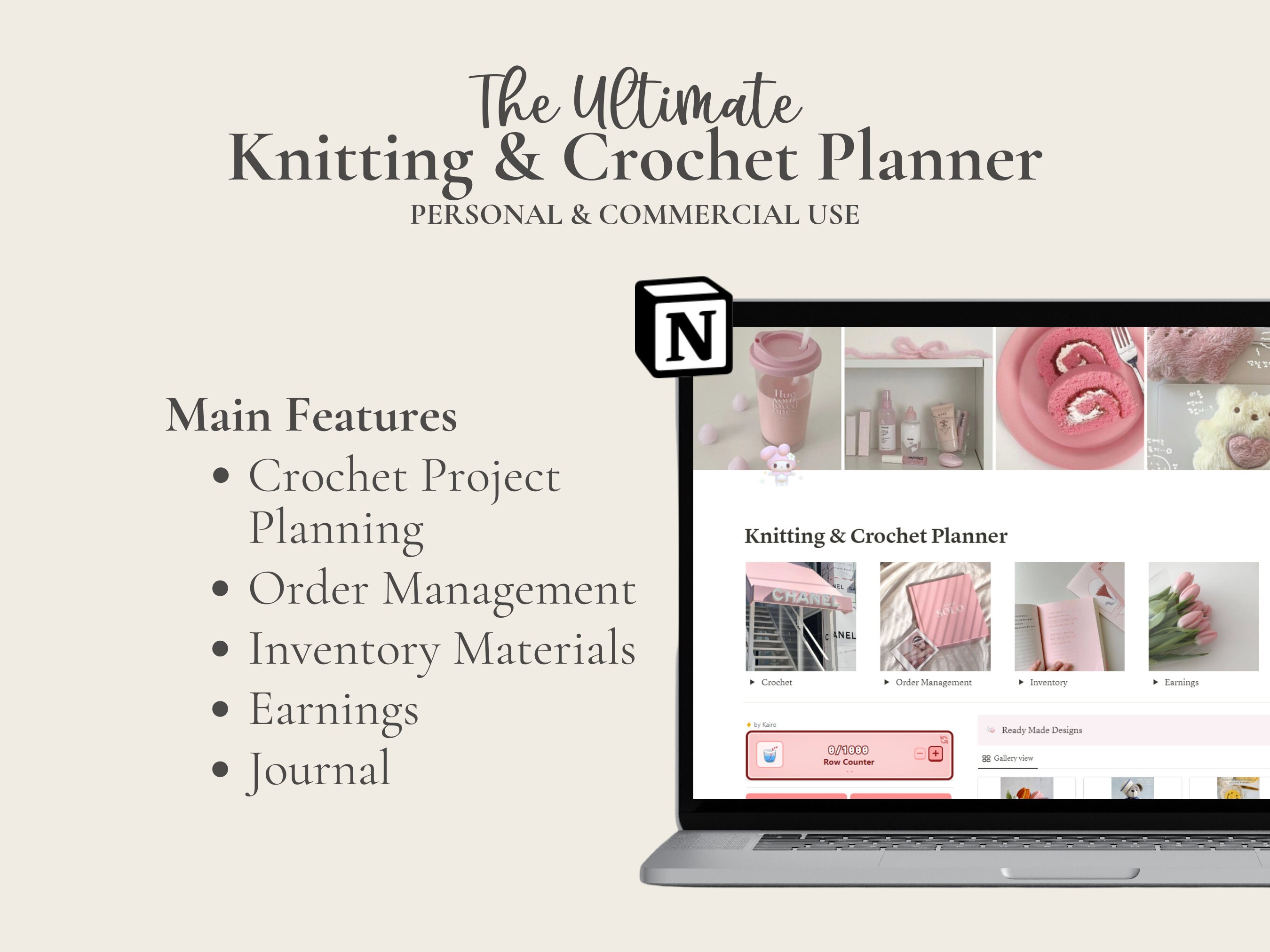 PLR Knitting and Crochet Notion Planner Digital Journal Notion Template ...