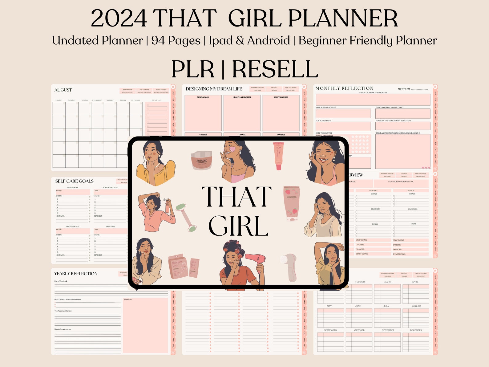 PLR Beige That Girl 2024 Planner, Fully Hyperlinked Digital Planner ...