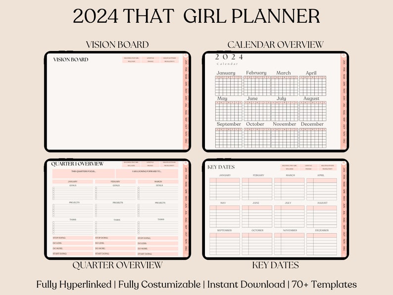 PLR Beige That Girl 2024 Planner, Fully Hyperlinked Digital Planner ...