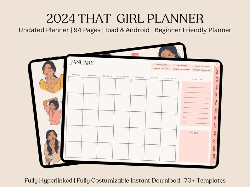 PLR Beige That Girl 2024 Planner, Fully Hyperlinked Digital Planner ...