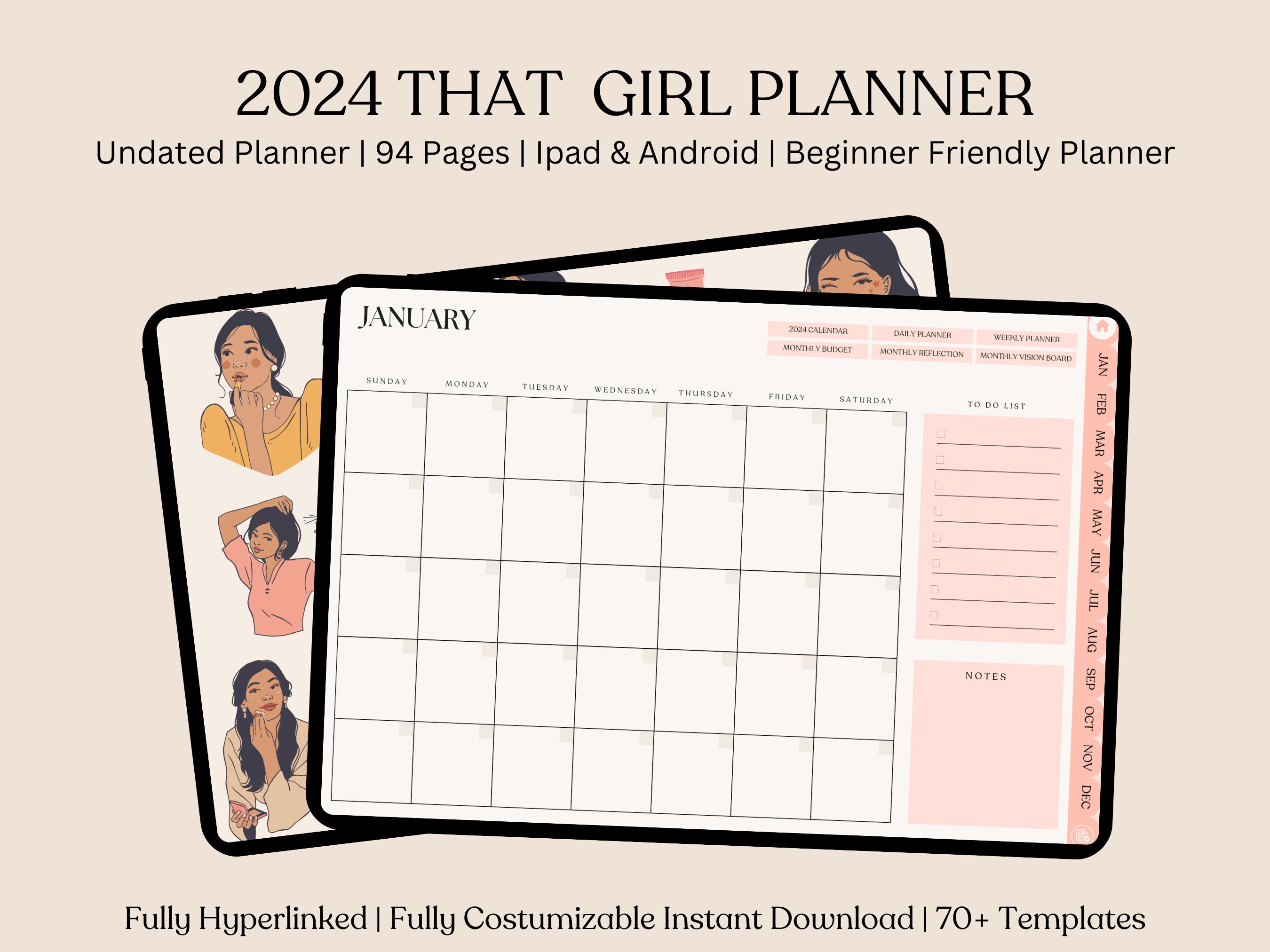 PLR Beige That Girl 2024 Planner, Fully Hyperlinked Digital Planner ...
