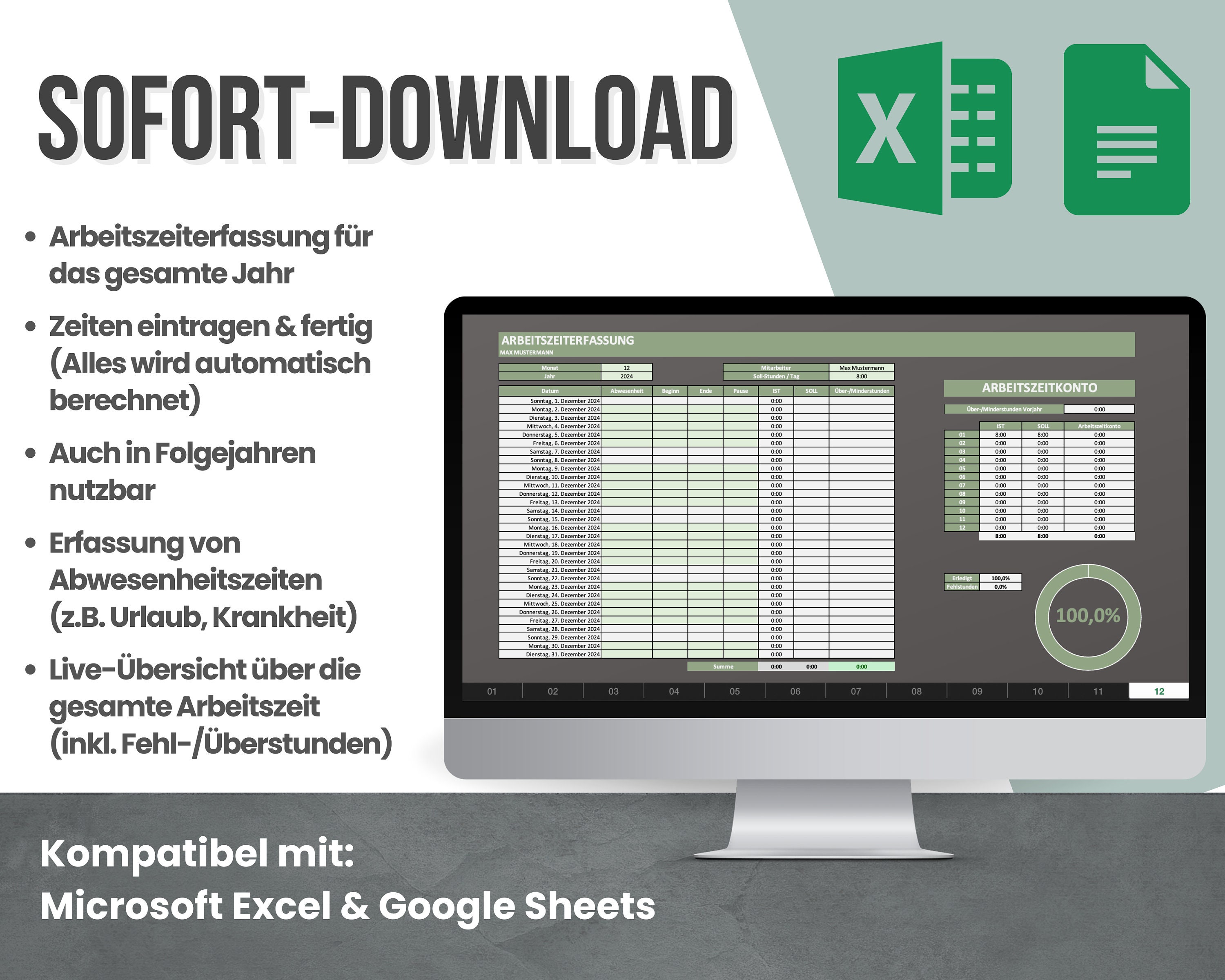 Working Time Recording 2024 Excel Template Timesheet Employee ...