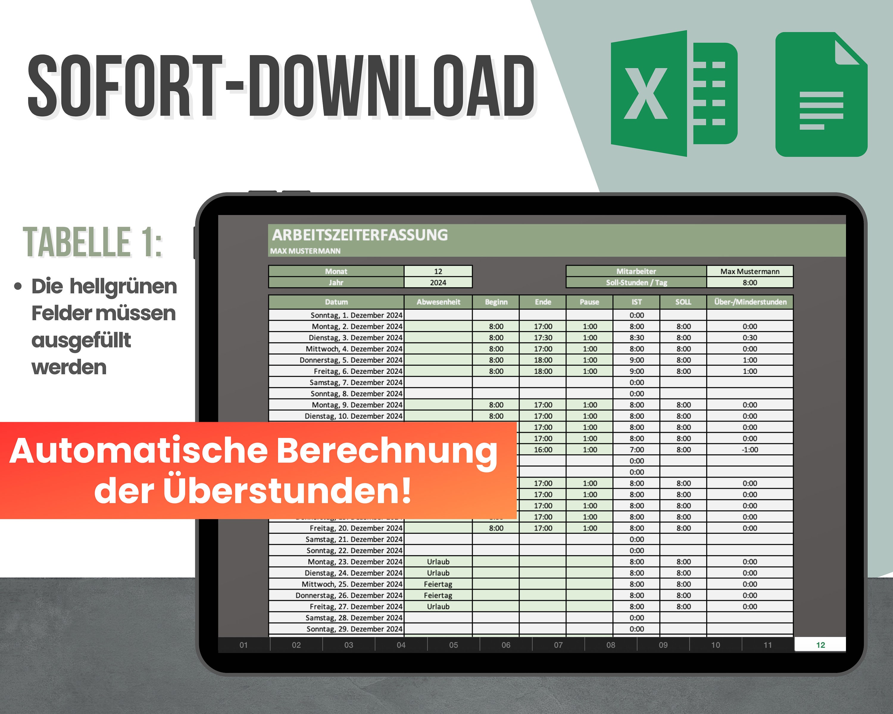 Time Recording 2024 Excel Template Time Sheet Employee Freelancer ...