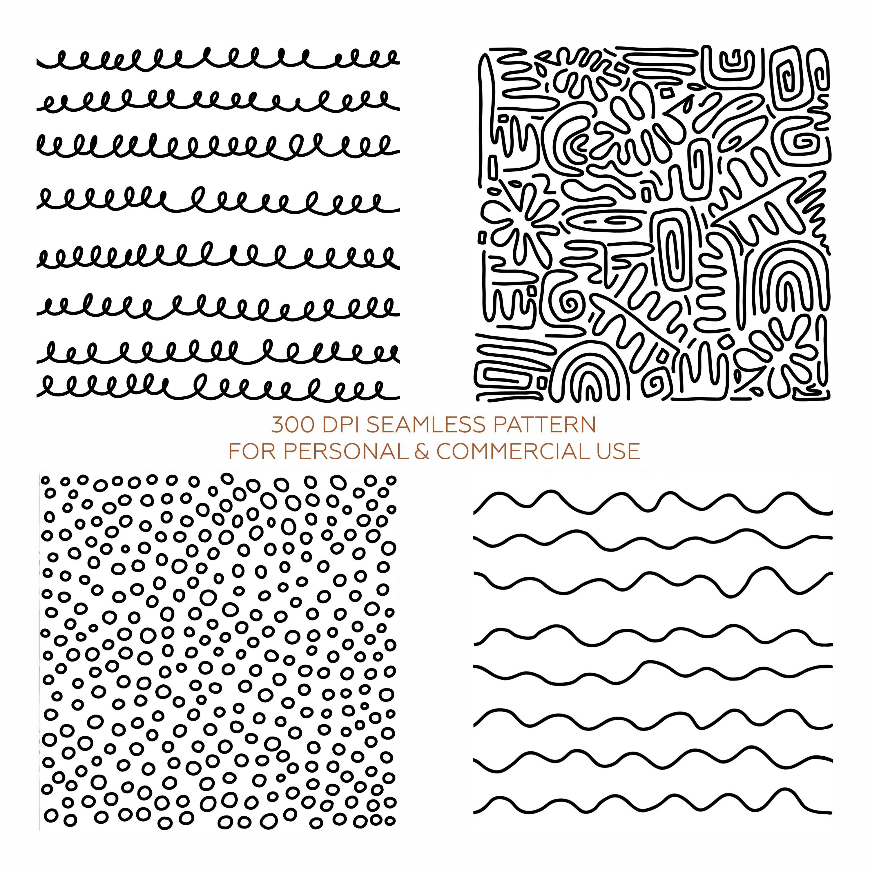 8 Doodle Seamless Pattern Bundle, Black-white, Hand Drawn, Design ...