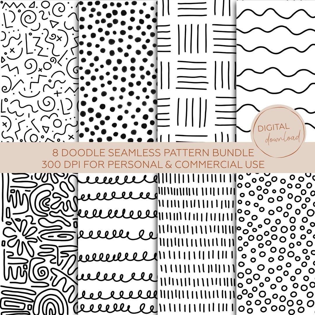 8 Doodle Seamless Pattern Bundle, Black-white, Hand Drawn, Design ...