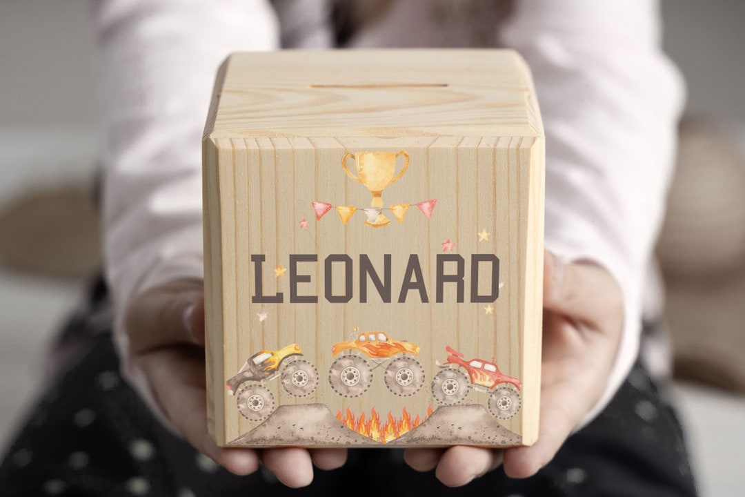 Personalized Money Box Children's Wood, Monster Trucks, Piggy Bank ...