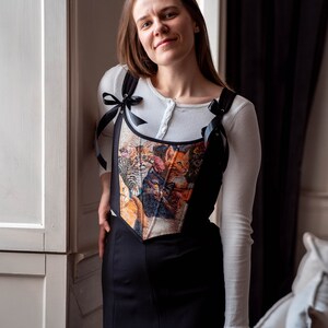 Black Tapestry Corset With Charming Cats, Cute Corset Top, Overbust ...