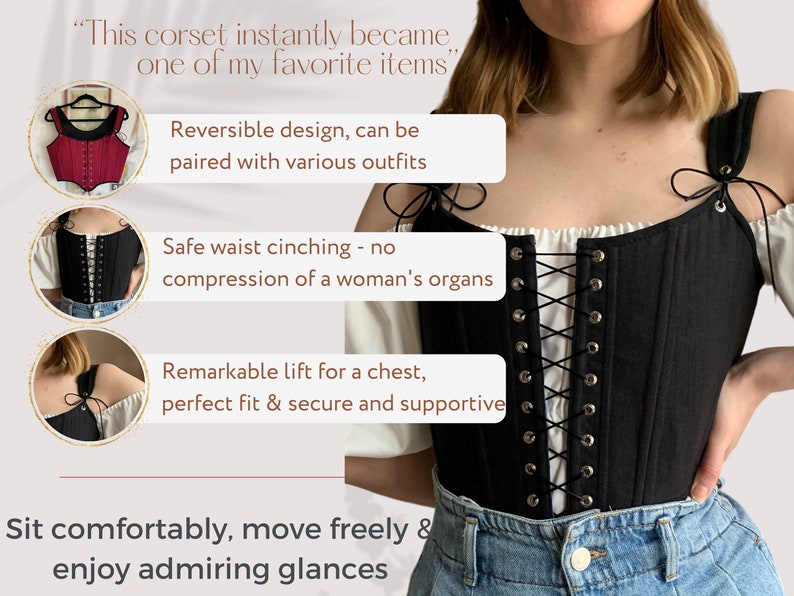 Reversible Linen Overbust Corset, Black & Red Corset, Renaissance ...
