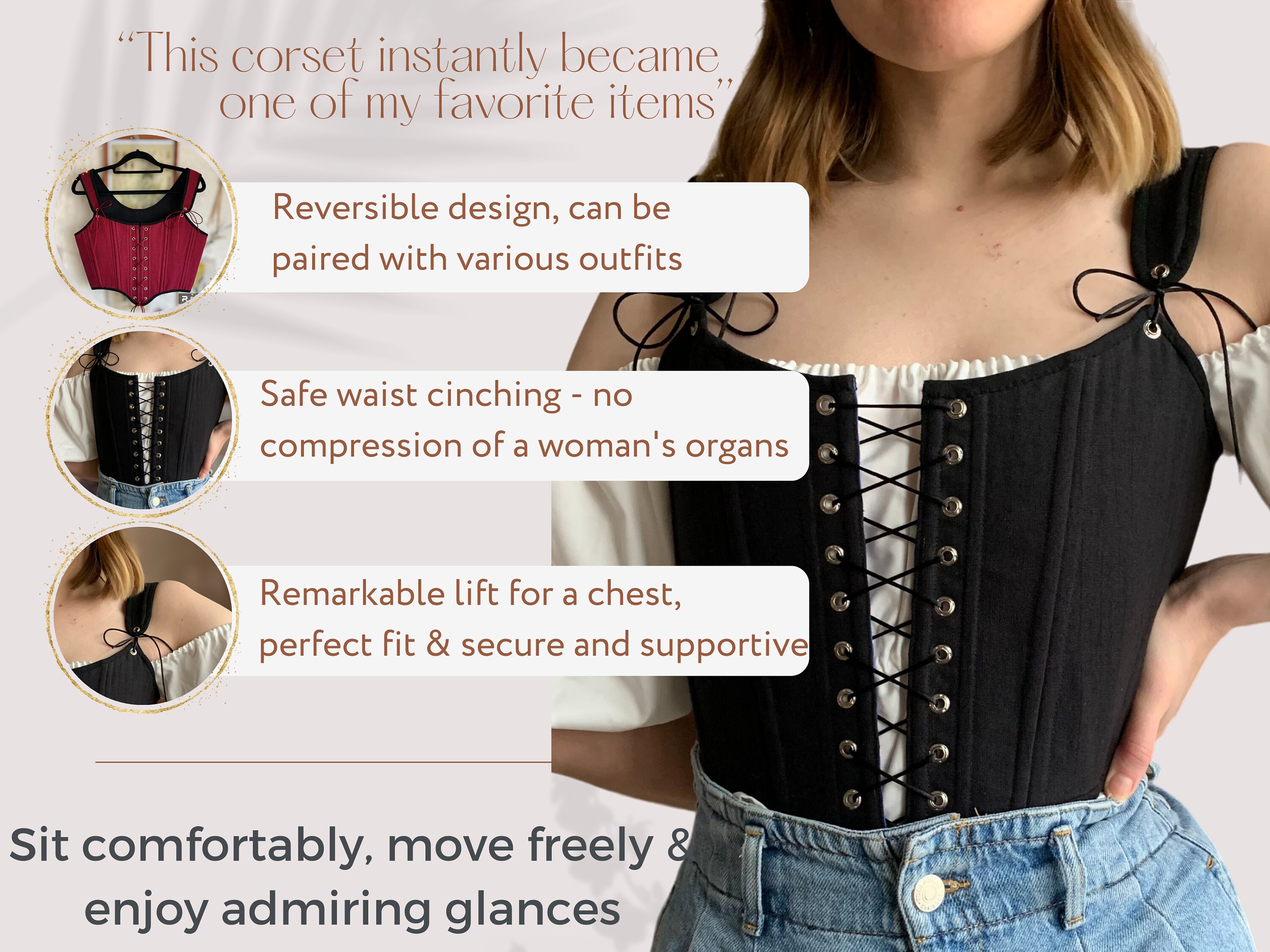 Reversible Linen Overbust Corset, Black & Red Corset, Renaissance ...