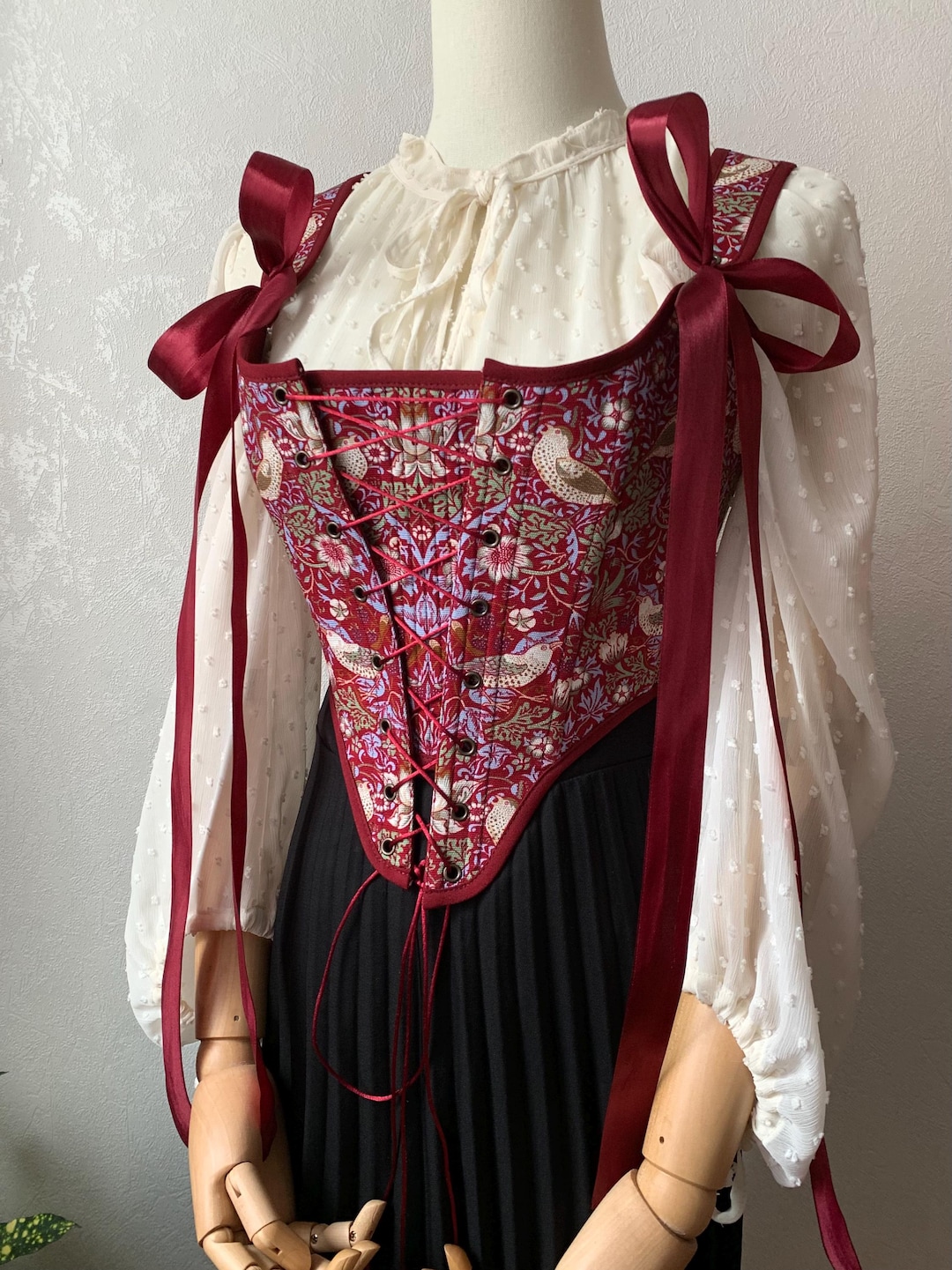 Reversible William Morris Corset | Botanical Red Front Lacing 18th ...