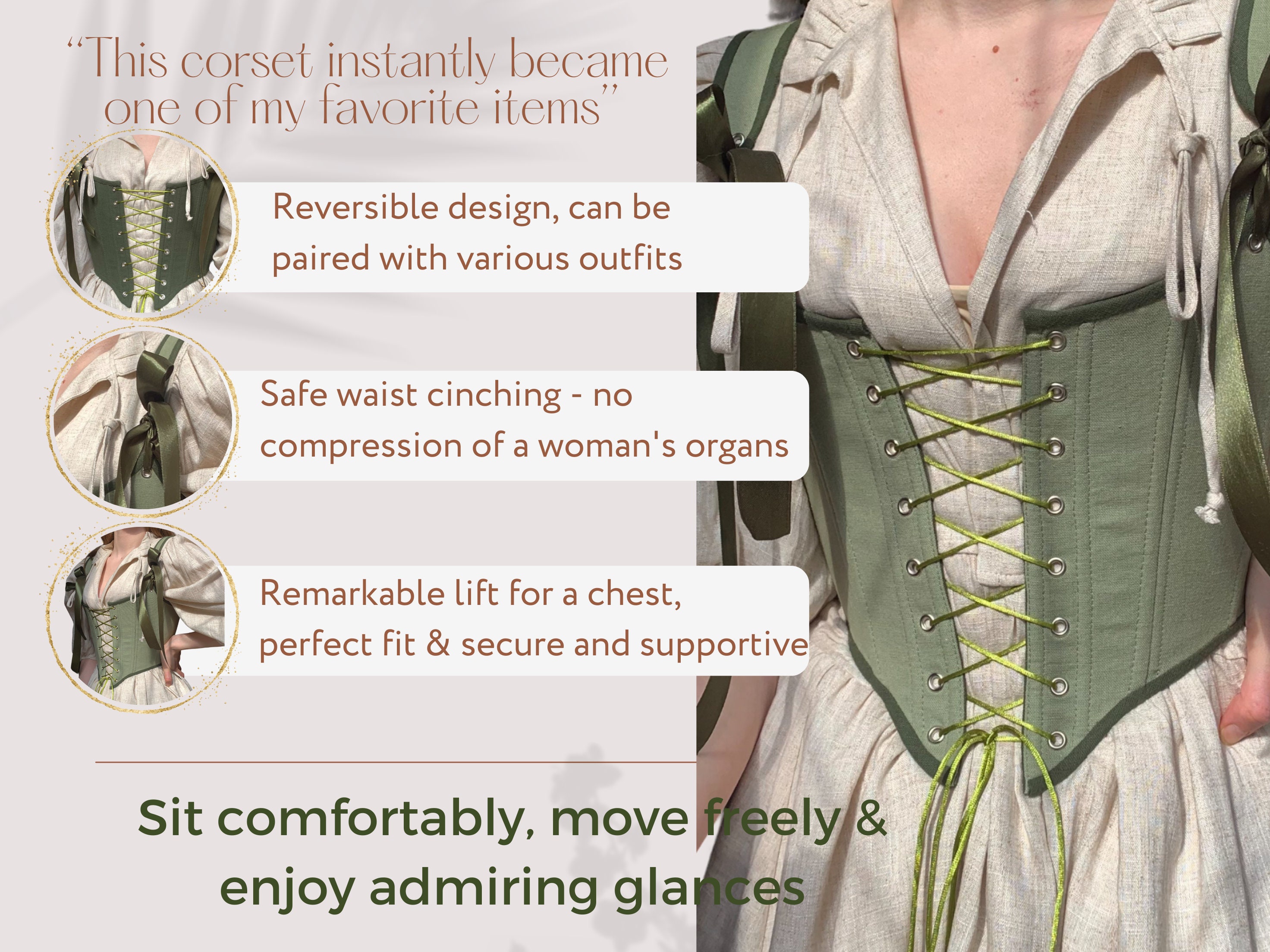 Overbust Reversible Linen Corset, Green Front Lacing Corset, Rococo ...