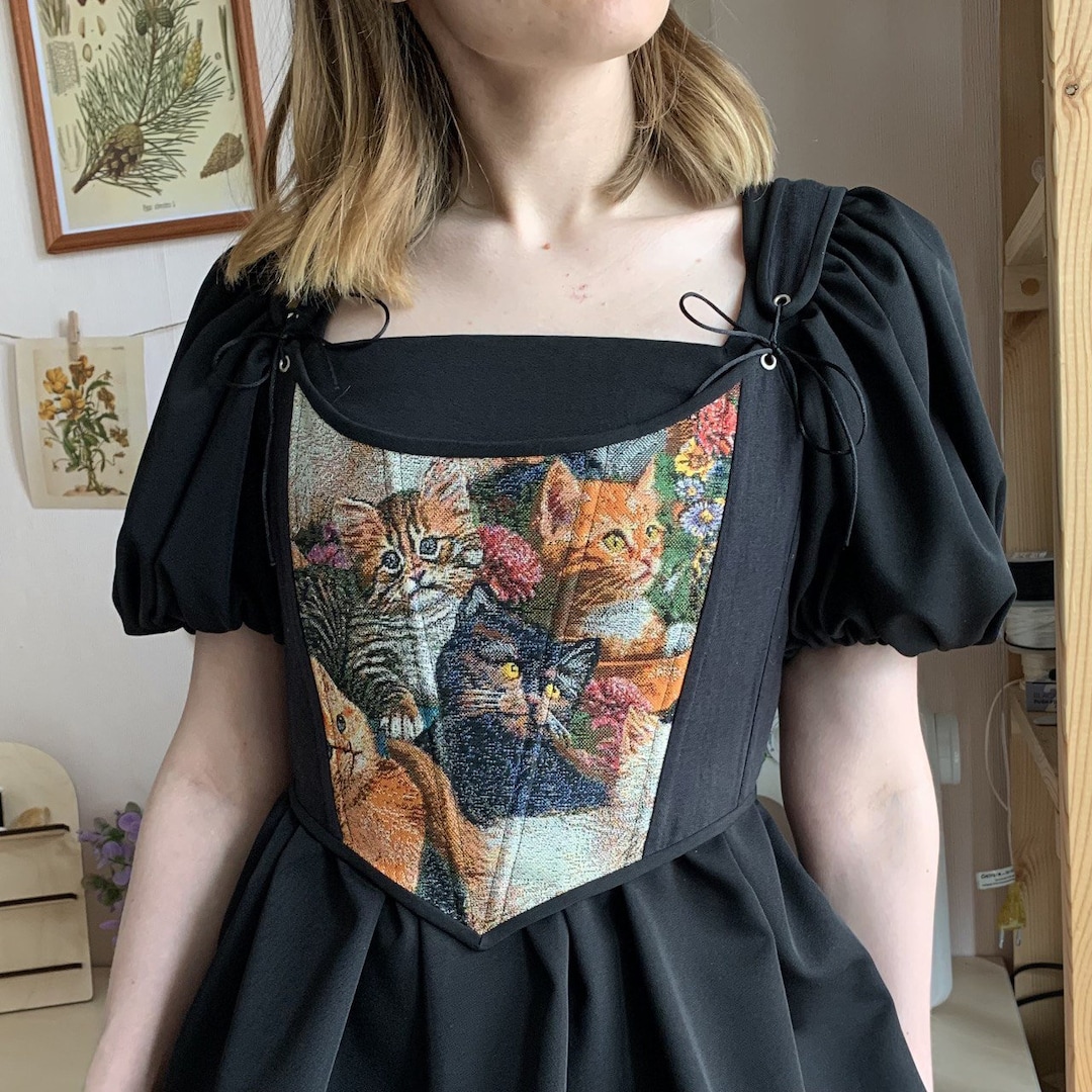 Black Tapestry Corset With Charming Cats, Cute Corset Top, Overbust ...